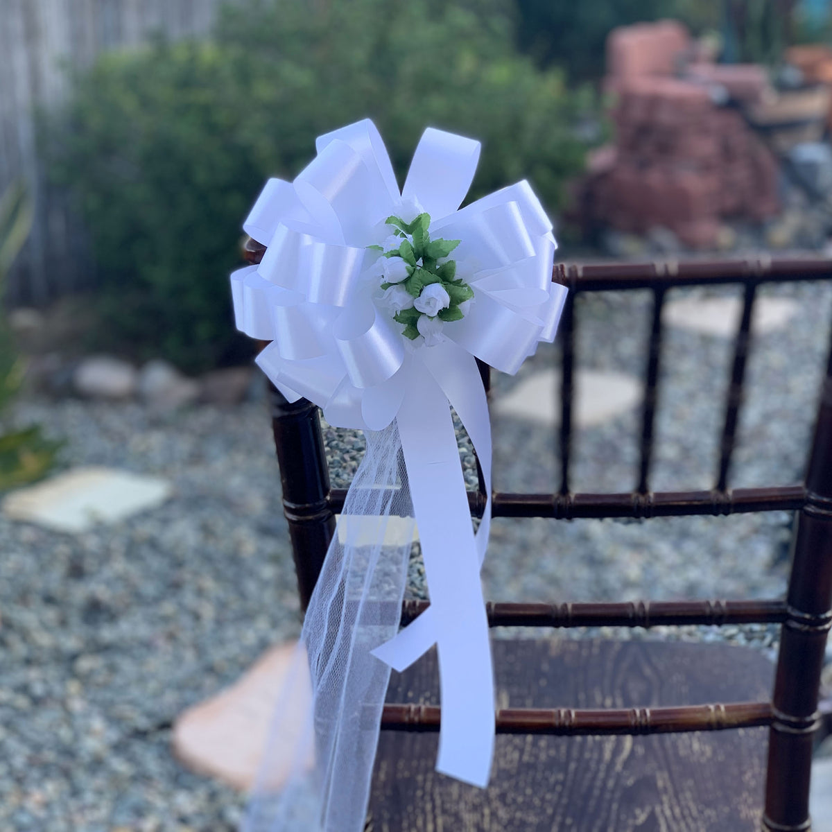 White Wedding Pull Bows with Tulle and Rosebuds - 8" Wide, Set of 6 ...